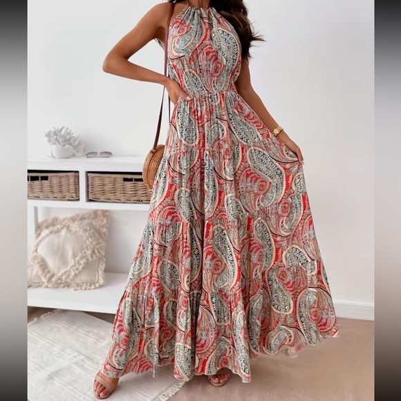 Dresses | Boho Halter Dress Red Paisley Sleeveless Womens New | Poshmark